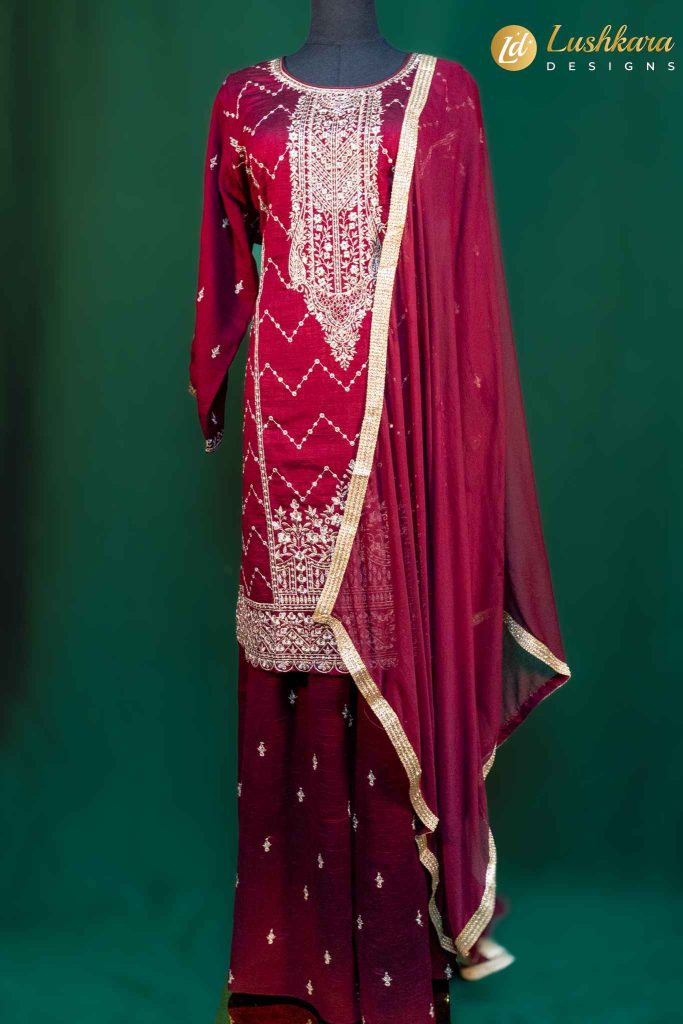Lushkara Maroon Sharara Suit, Ivory Embroidery and Dupatta
